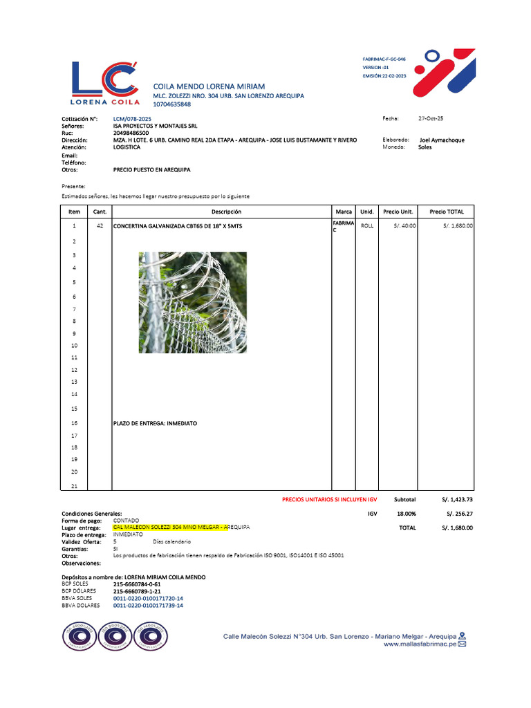 Concertina-2025-Isa Proyectos y Montajes Srl | PDF | Moneda