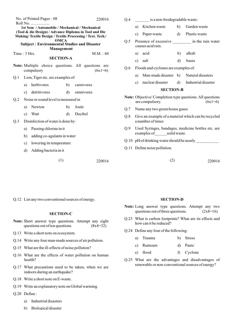 Environmental Studies Exam Questions | PDF | Waste | Water