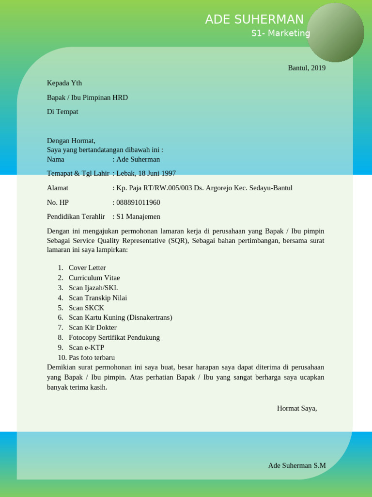 Lamaran Kerja Ade Suherman SQR | PDF