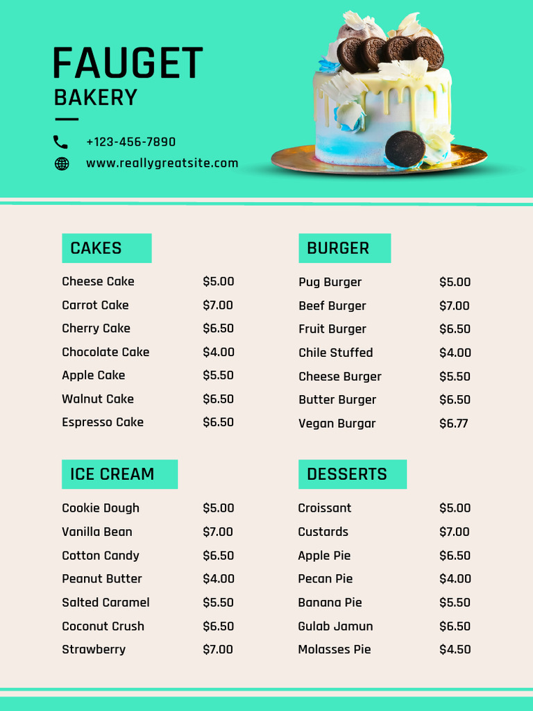 Green Bakery Cake Menu | PDF