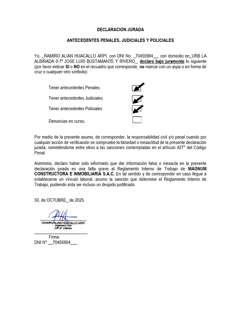 Declaración Jurada de Antecedentes Penales | PDF