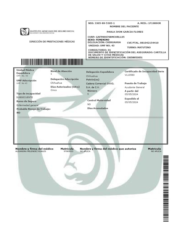 Gafp890708mchrll05 Subsecuente | PDF | Cuidado de la salud
