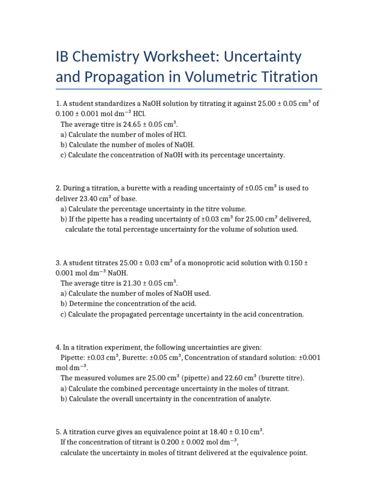 IB Chemistry Titration Uncertainty Worksheet 1 | PDF