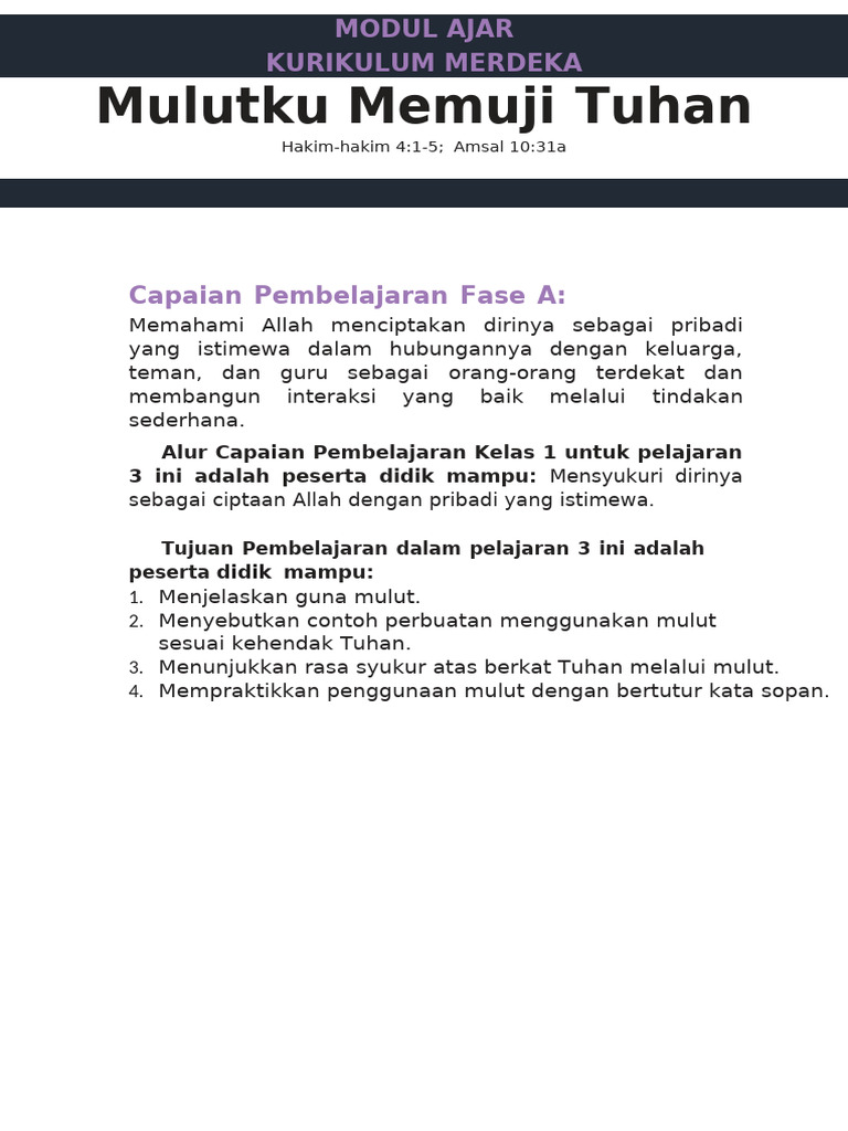 MODUL AJAR 3 Mulutku Memuji Tuhan | PDF