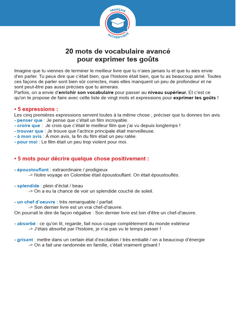 20 Mots de Vocabulaire Avancé Pour Exprimer Tes Goûts | PDF