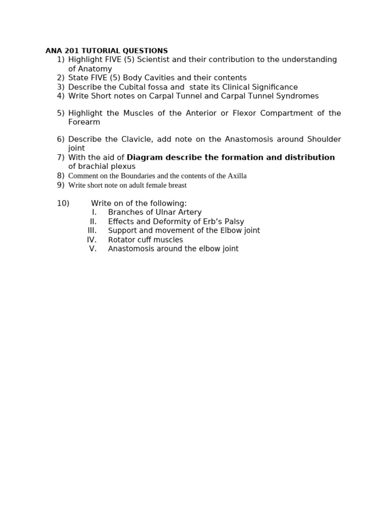 Ana 201 Tutorial Questions | PDF