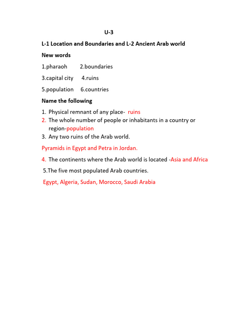 U-3 L-1 Location and Boundaries and L-2 Ancient Arab World New Words | PDF