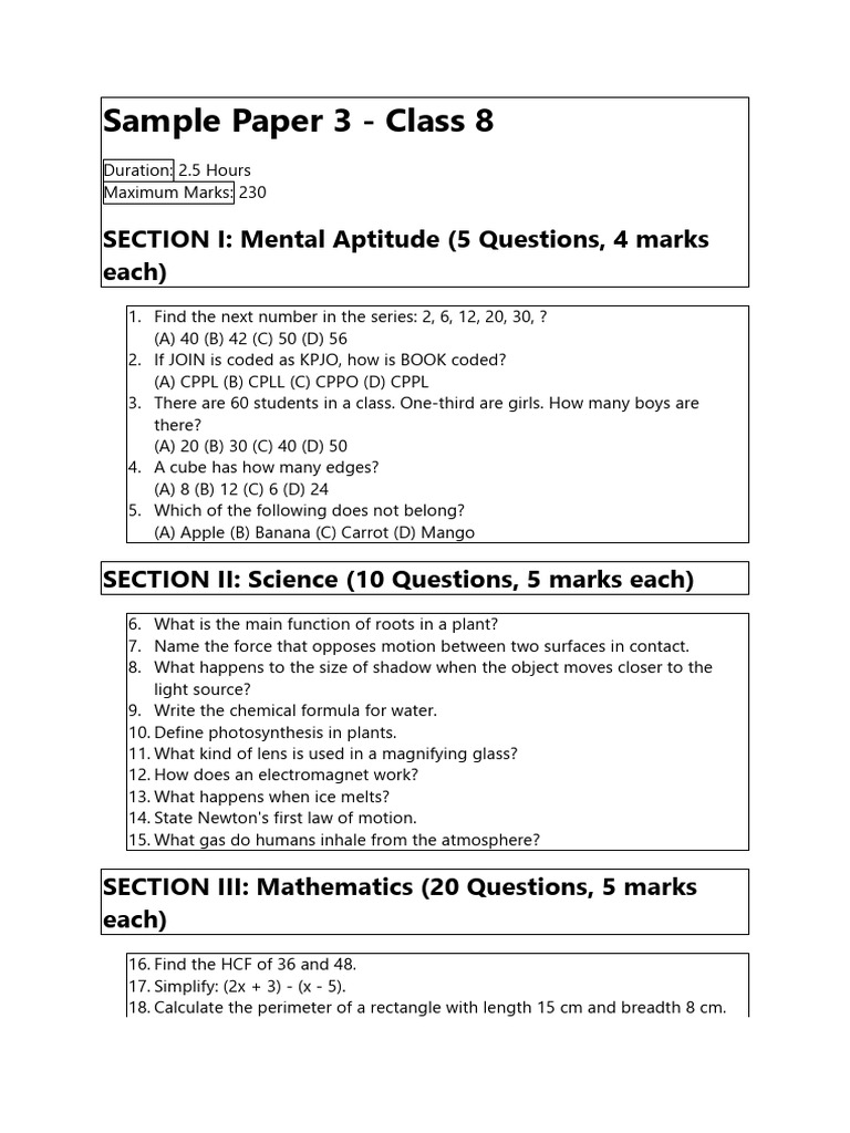 Sample Paper 3 | PDF | Numbers | Area