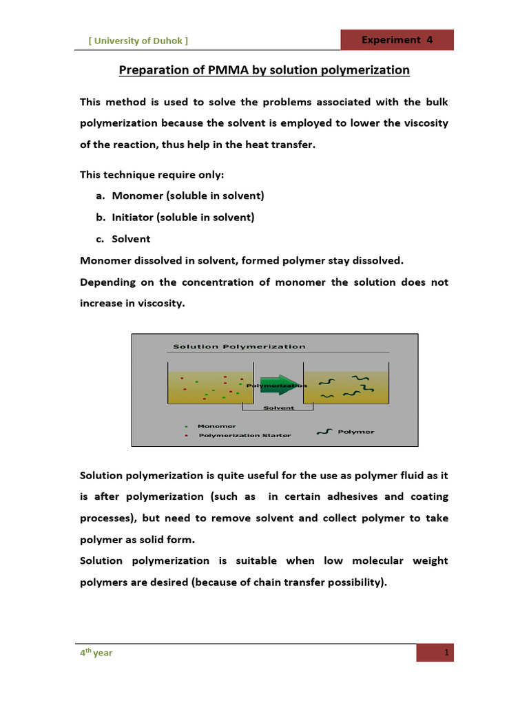 Preparation of PMMA by Solution Polymerization | PDF