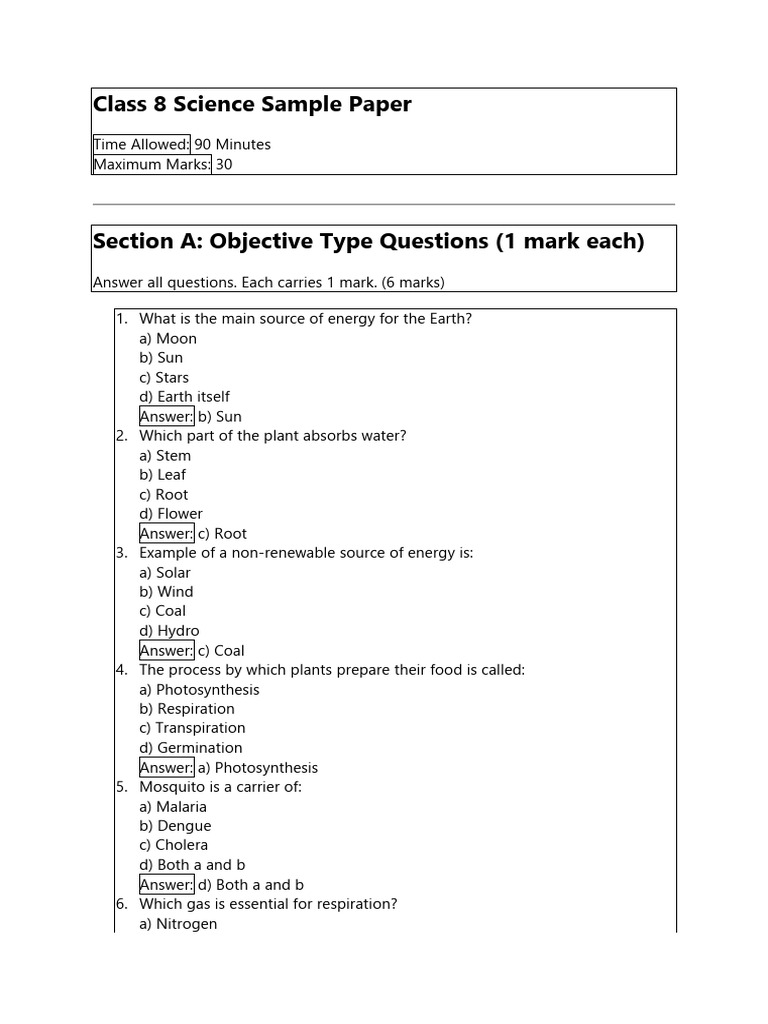 Class 8 Science Sample Paper | PDF | Soil | Photosynthesis