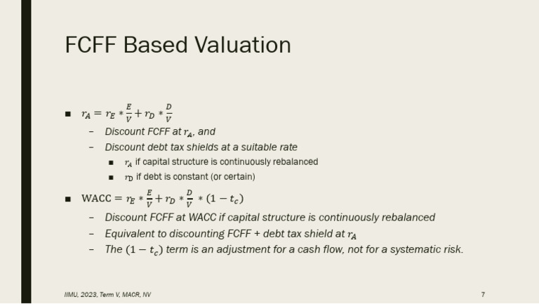 FCFF Based Valuation: Discount FCFF At, and Discount Debt Tax Shields ...