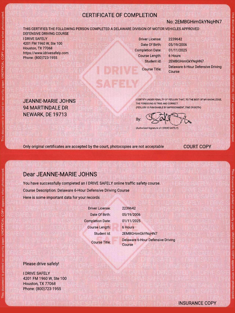 Jeannie Defensive Driving Certificate | PDF