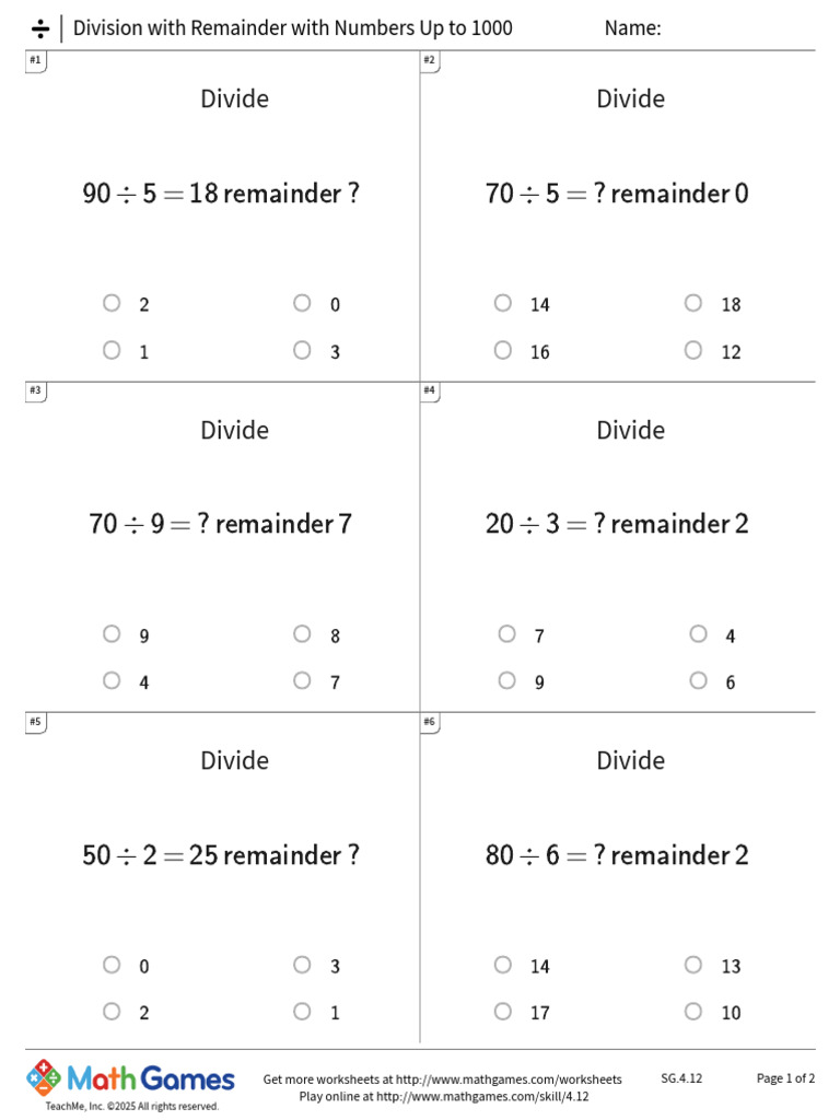 4 12 Division With Remainder With Numbers Up To 1000 | PDF