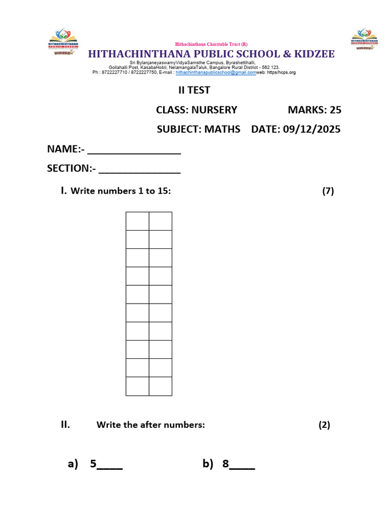 II Test Nursury Maths | PDF