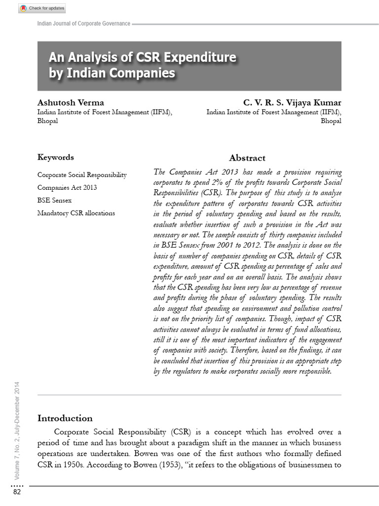 CSR Expenditure Analysis of Indian Firms | PDF | Corporate Social ...