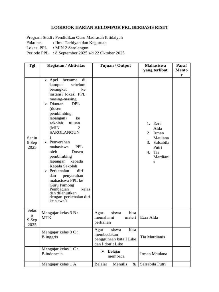 Logbook Harian Kelompok PKL Berbasis Risett | PDF