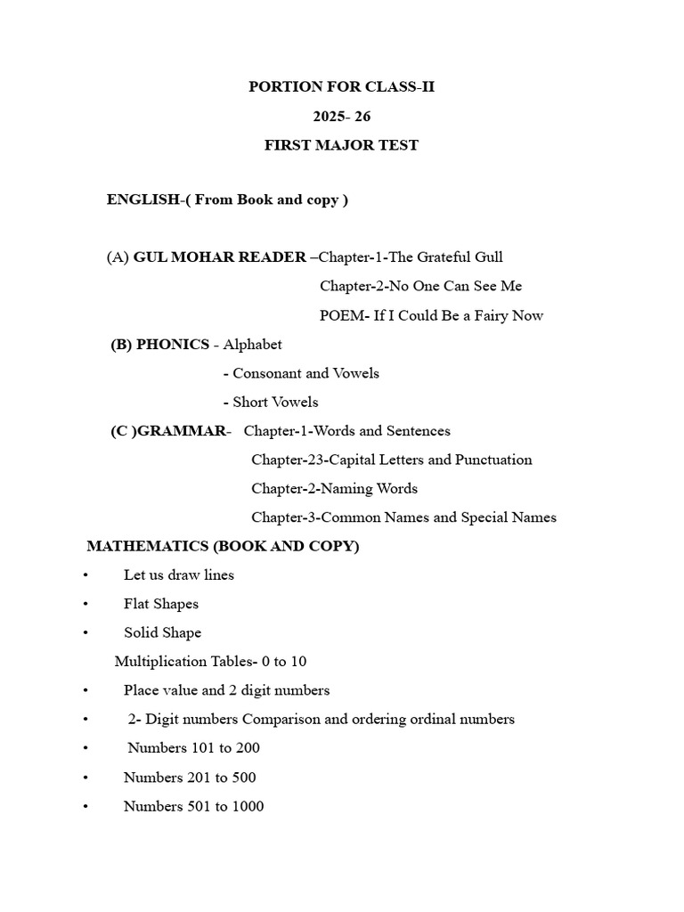 1st Major Test Portion Class 2 | PDF
