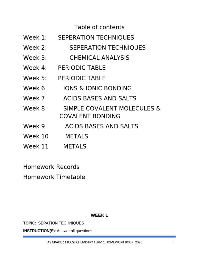 Grade 11 IGCSE Chemistry Homework Guide | PDF | Ion | Acid