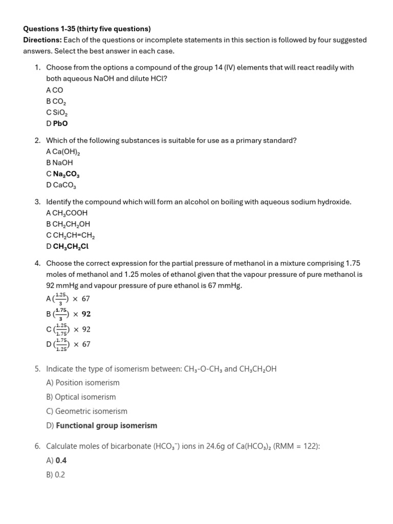 Chemistry Multiple Choice Questions 1-35 | PDF | Acid | Chemical Reactions