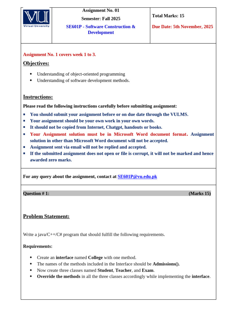 SE601P Assignment 1: OOP Programming Task | PDF