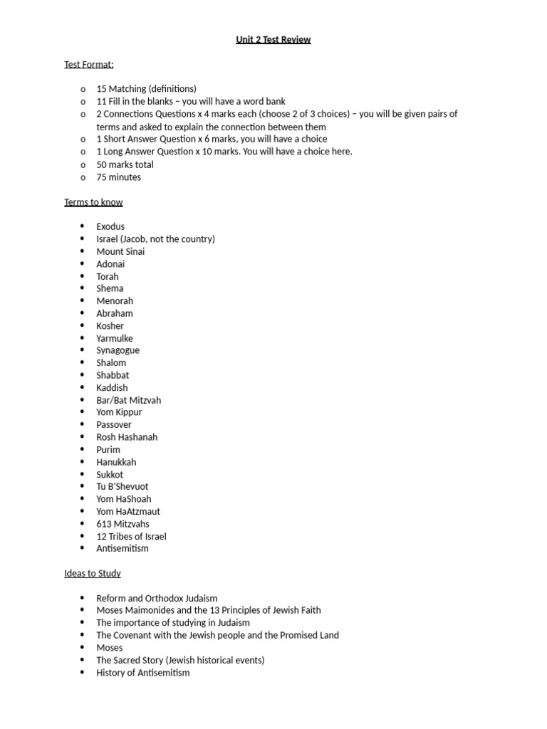 Unit 2 Judaism Test Review Guide | PDF