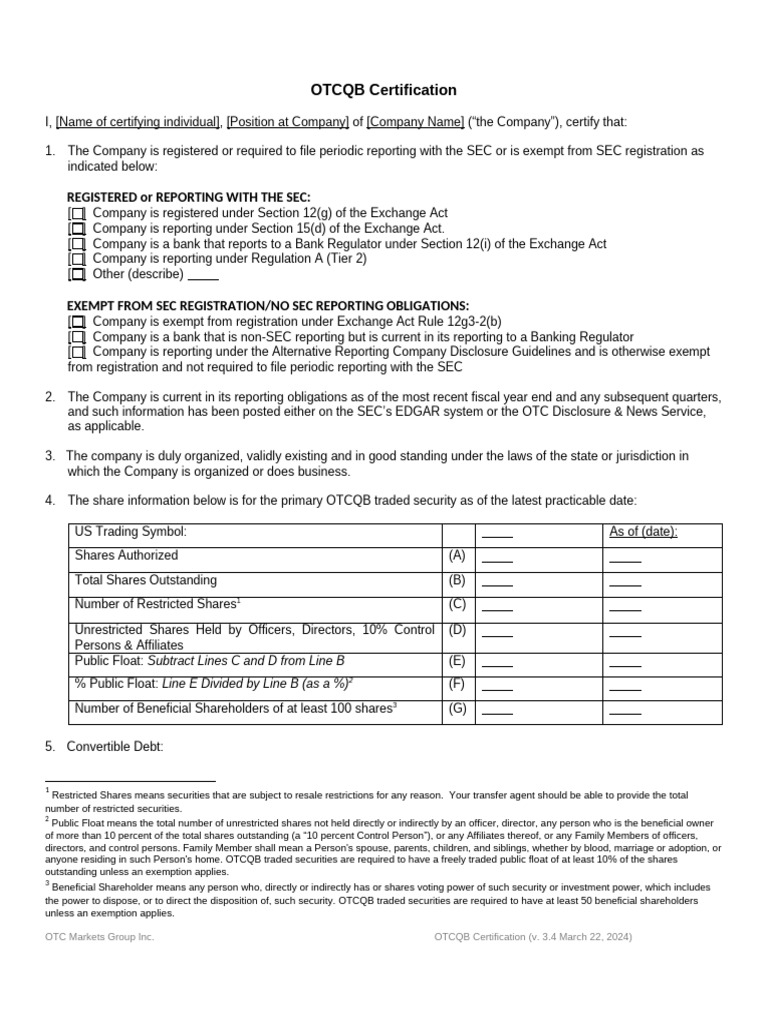 OTCQB Certification Document Template | PDF | Securities (Finance ...