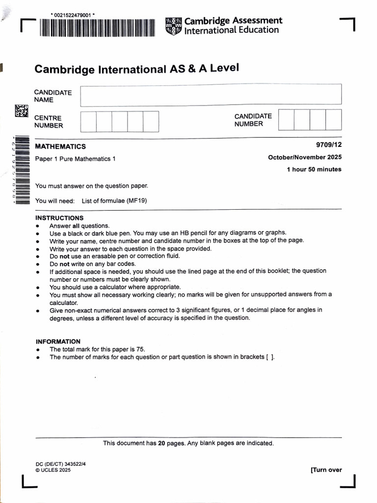 Paper 12 October November 2025 9709 Math CIE / AS Level | PDF ...