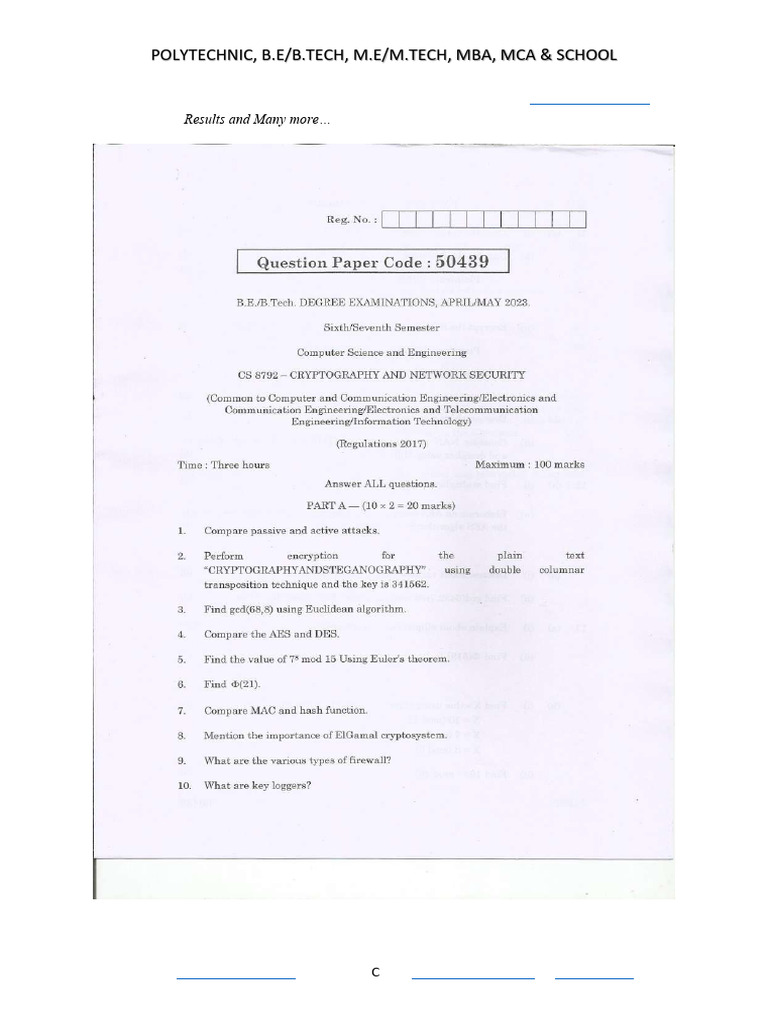 Previous Year Question Paper | PDF | Encryption | Cryptography