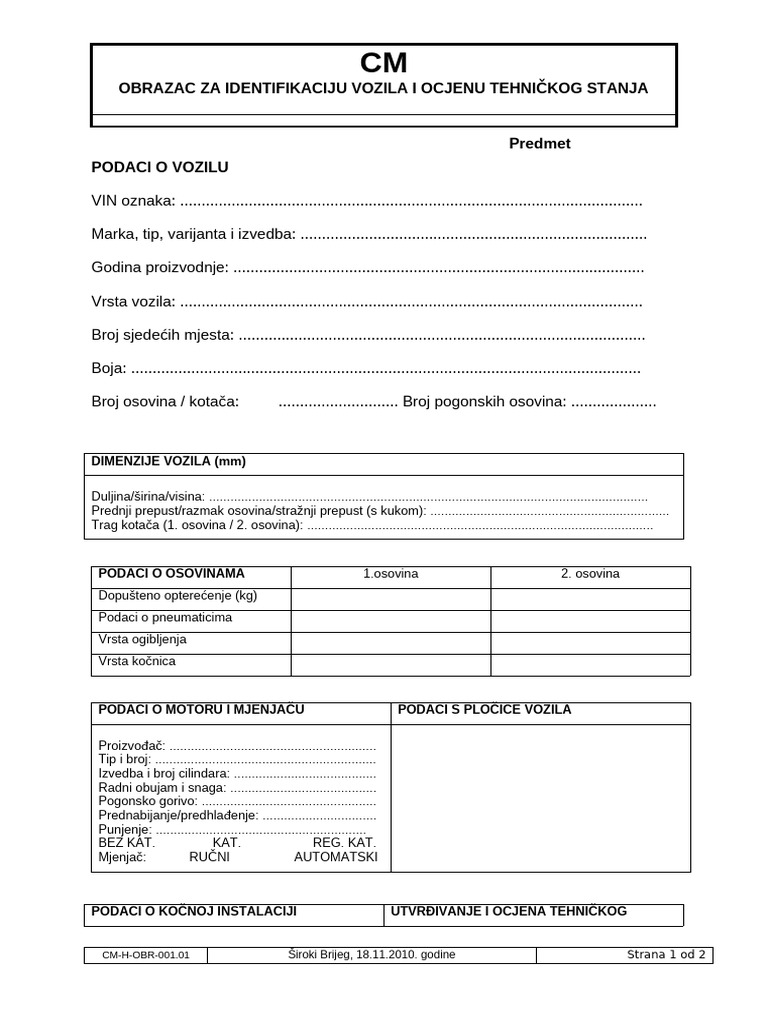 Obrazac Za Identifikaciju Vozila | PDF