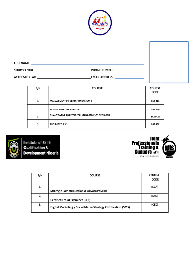 Gwu & Jpts Year Four 2nd Semester Academic Course Form | PDF ...