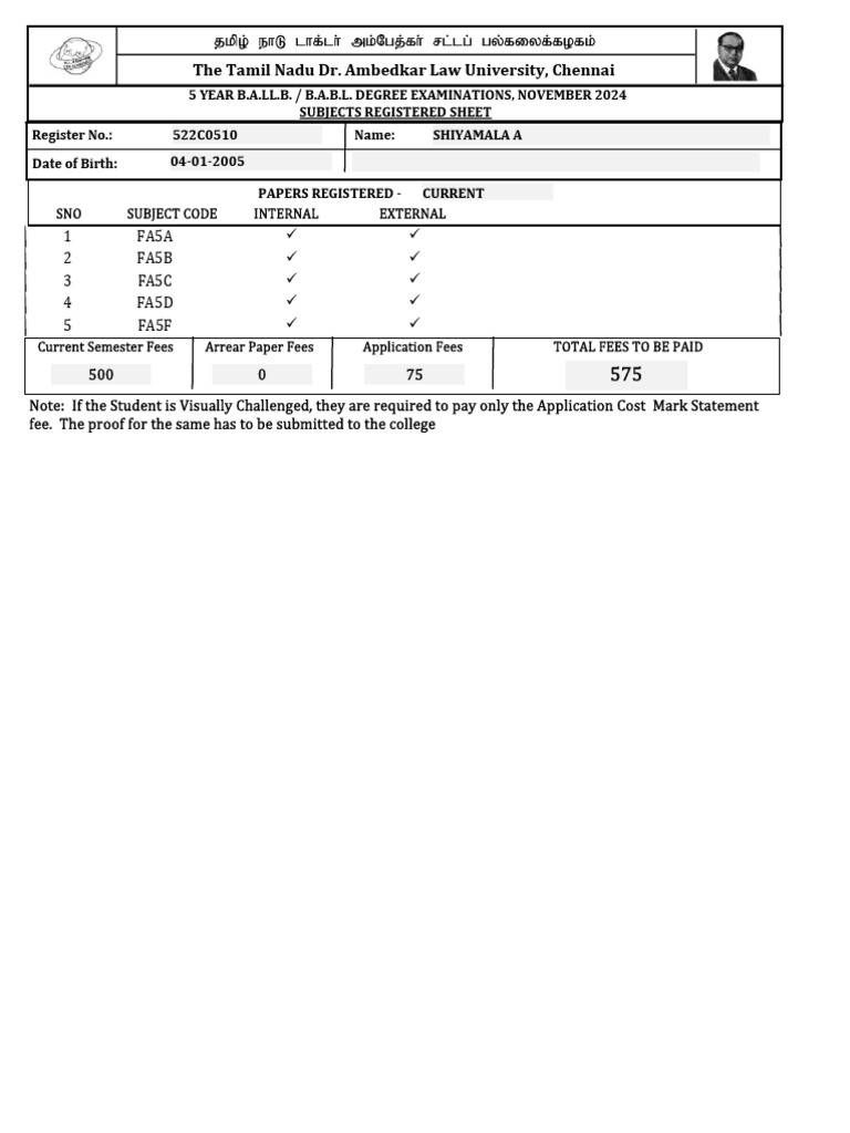 The Tamil Nadu Dr. Ambedkar Law University, Chennai: Jkpo Ehl LHF LH MK ...