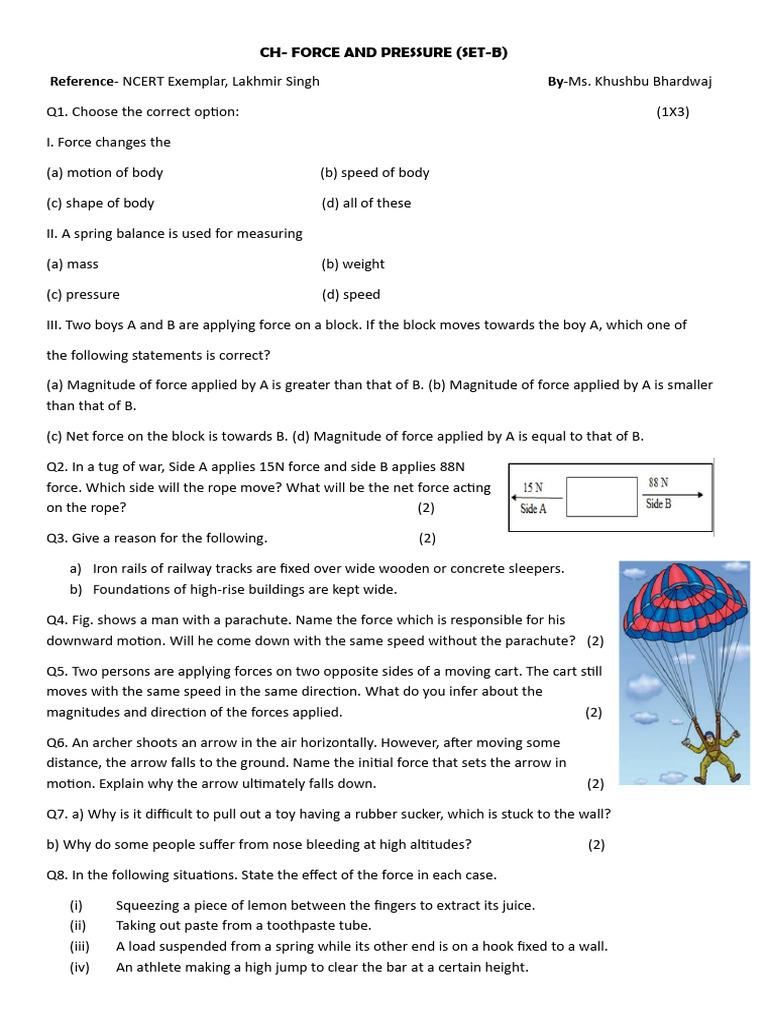 Force & Pressure Set B Class VIII | PDF | Force | Physical Quantities