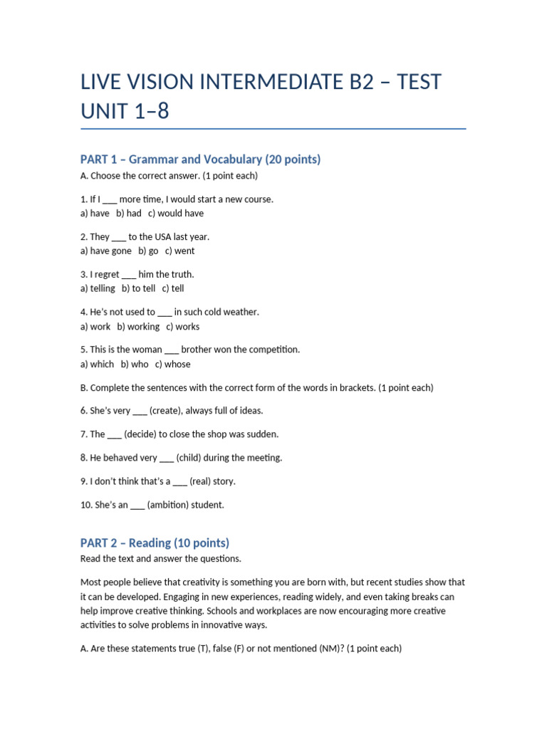 Live Vision b2 Test Unit 1 8 | PDF