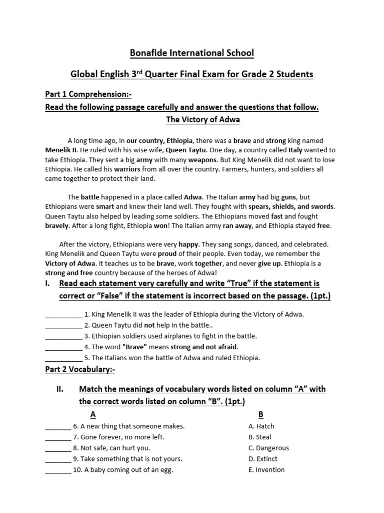Global English Final Exam for Grade 2 | PDF | Ethiopia | Linguistics