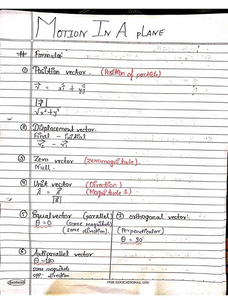 Motion in A Plane (Formulas) | PDF
