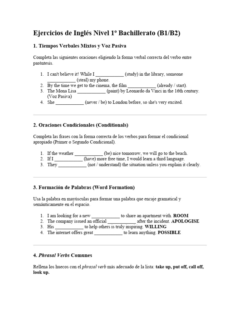 Ejercicios De Inglés B1 B2 Para Bachillerato Pdf Grammar Linguistics