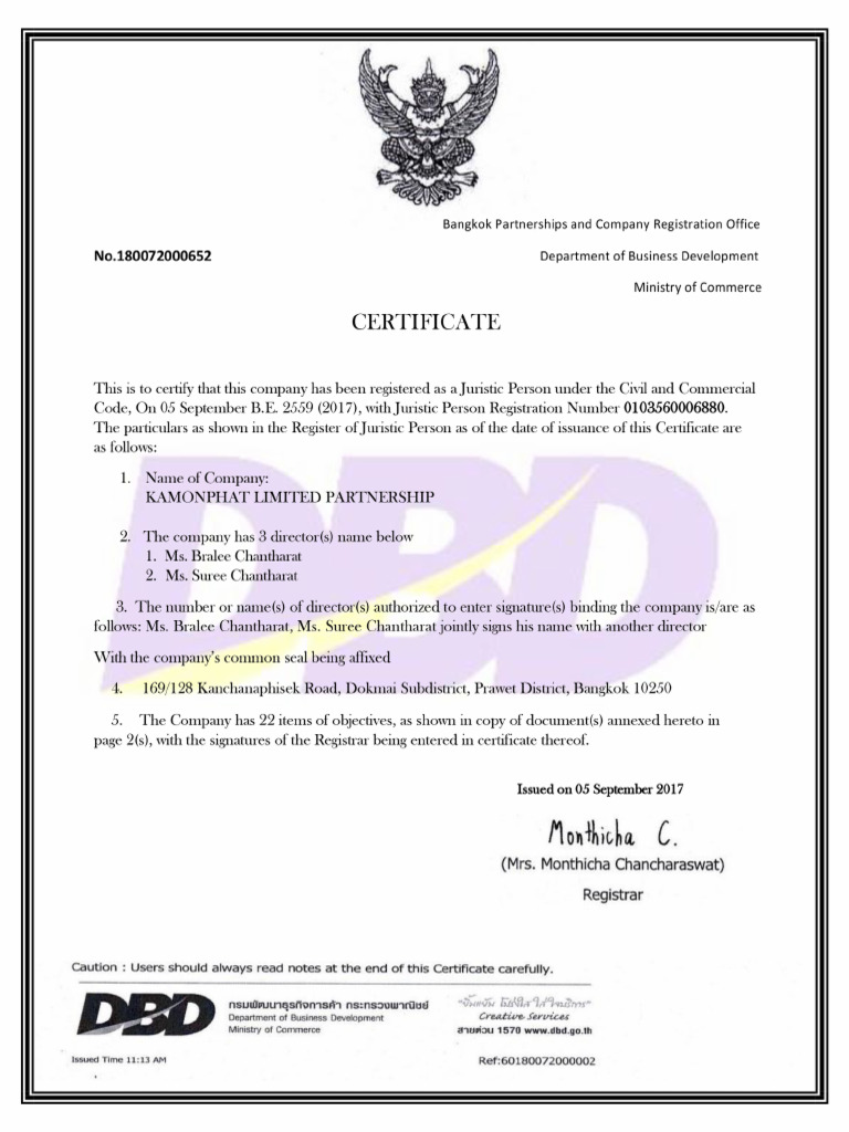 DBD Document. Reg Certificate. Kamonphat Limited Partnership | PDF