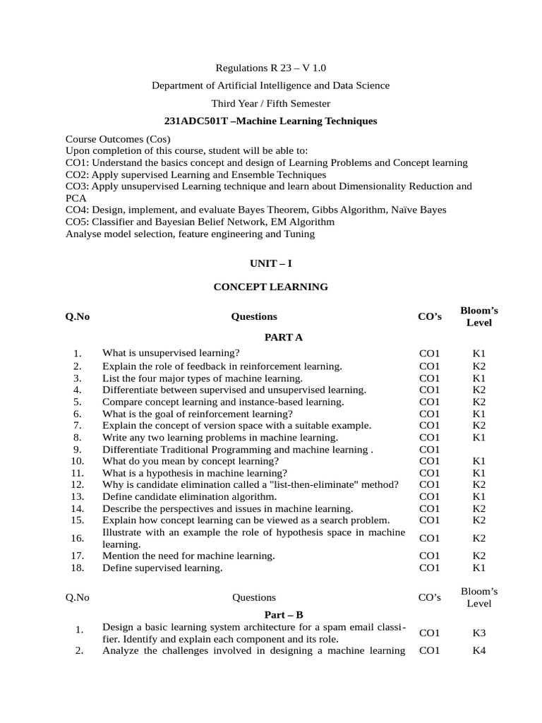 231ADC501T - Machine Learning Techniques - Question Bank | PDF ...