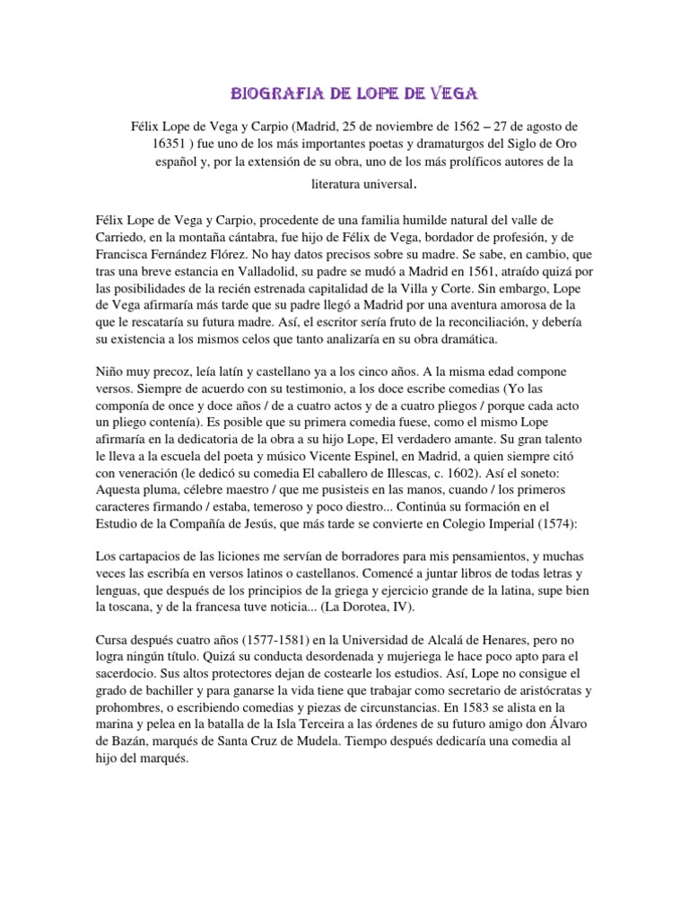 Biografia de Lope de Vega | PDF | Juan de la cruz | Literatura española