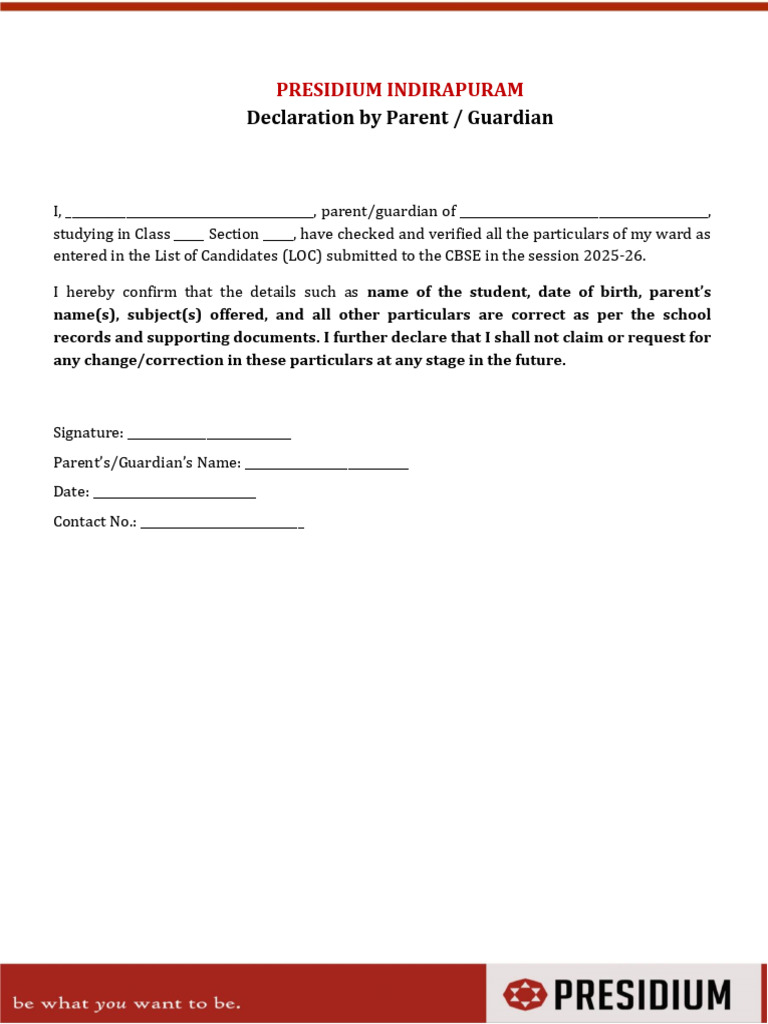Presidium Indirapuram Parent Declaration LoC | PDF