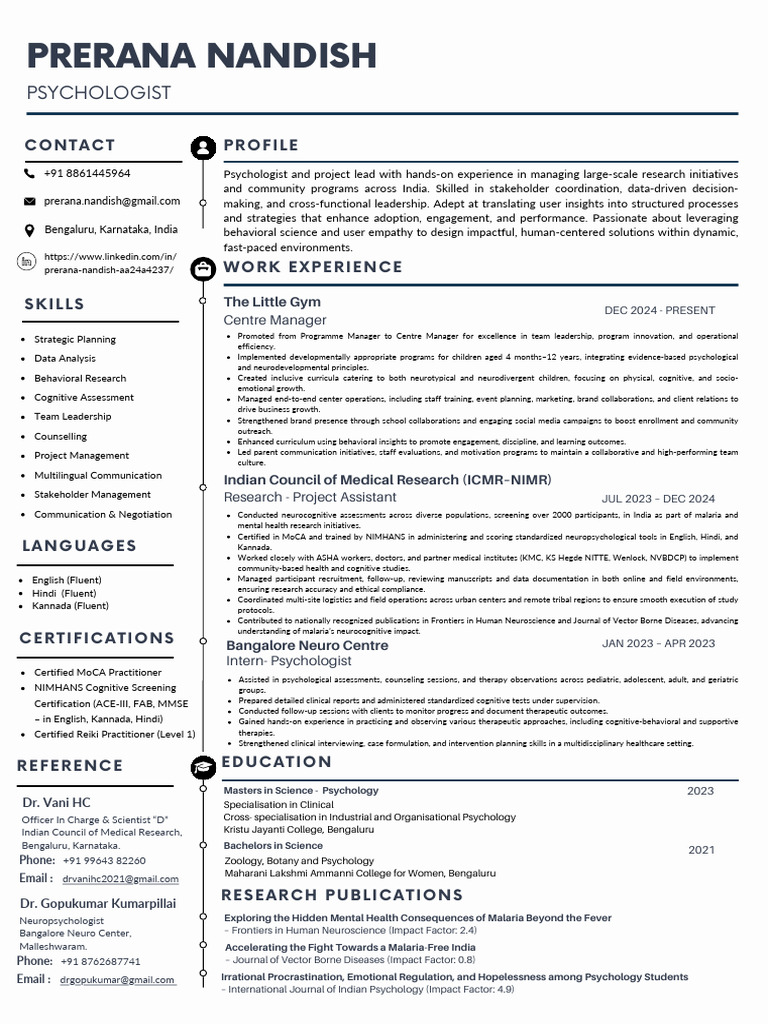 Prerana Nandish Resume 2025-2 | PDF | Psychology | Psychologist