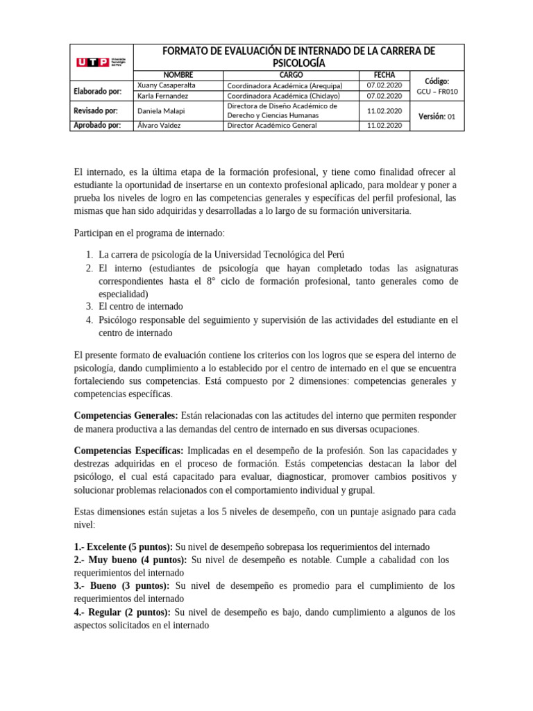 GCU FR-010-Formato_de_evaluacion_de_internado_de_la_carrera_de_Psicologia-1 | PDF | Sicología ...