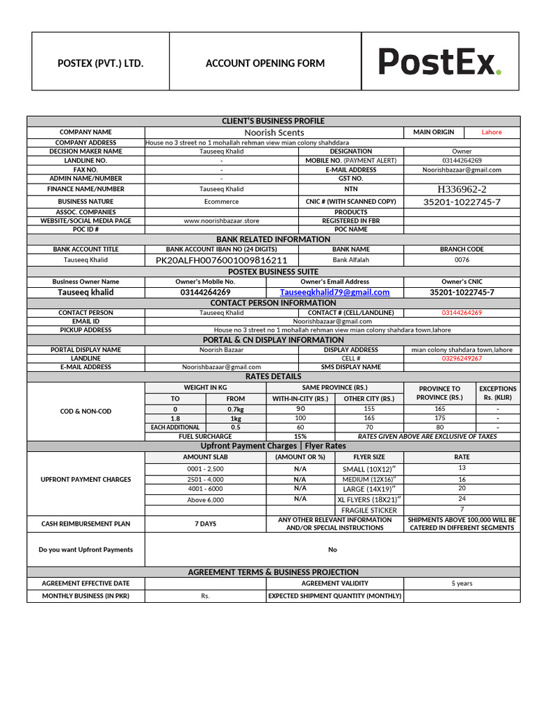 Postex Call Courier - Merchant Onboarding Form MOU | PDF