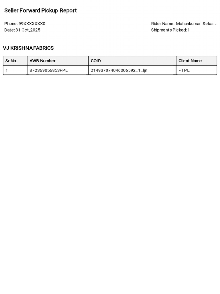 Seller Forward Pickup Report | PDF