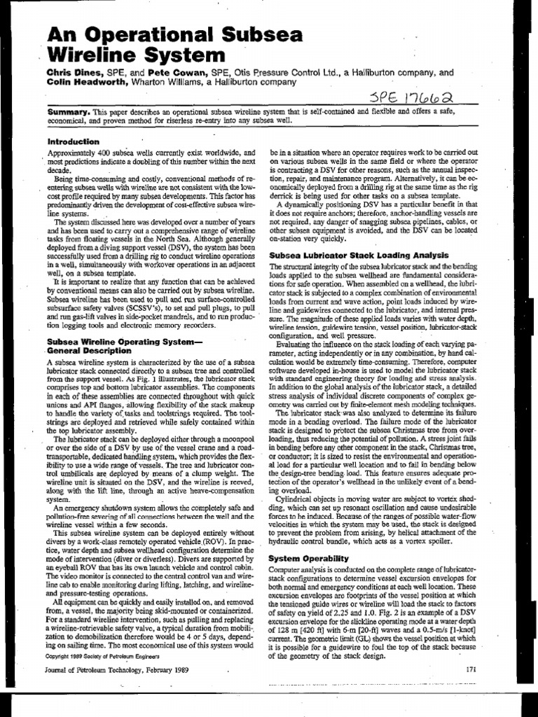 An Operational Subsea Wireline System: Spe, and | PDF | Subsea ...