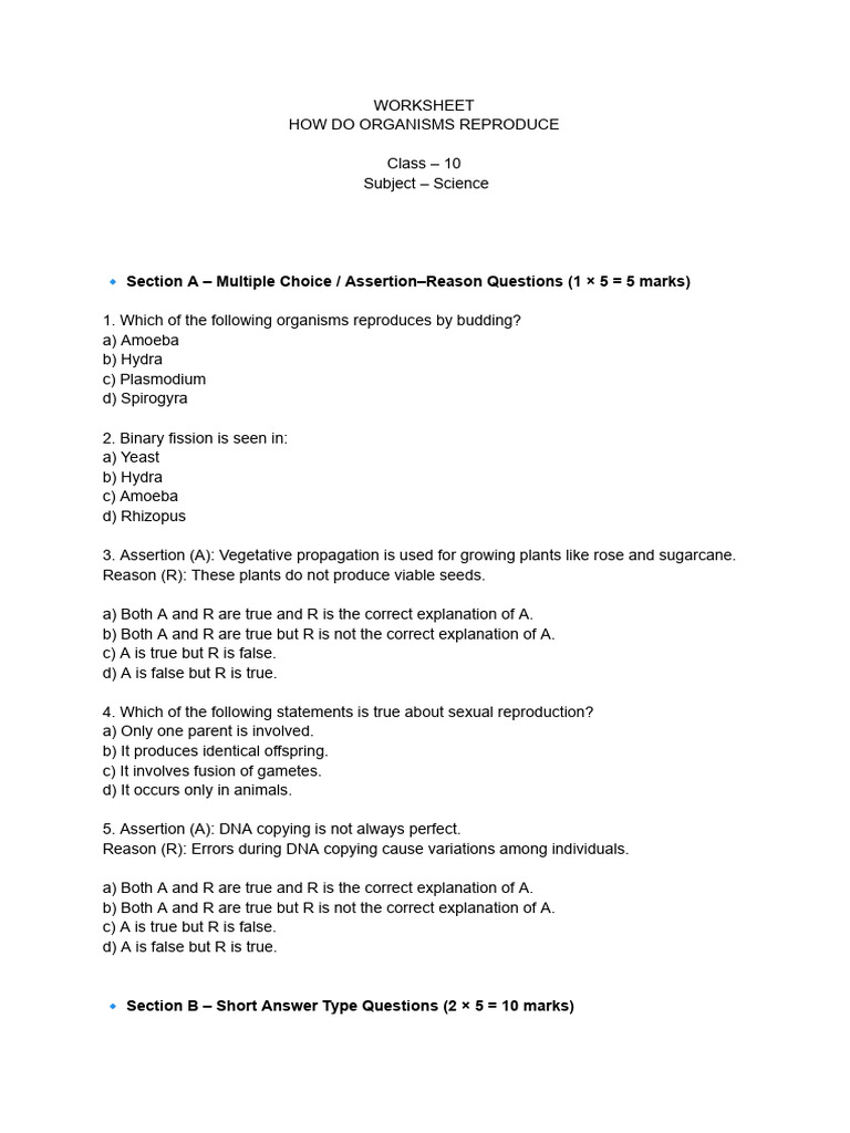 Organism Reproduction Worksheet for Class 10 | PDF