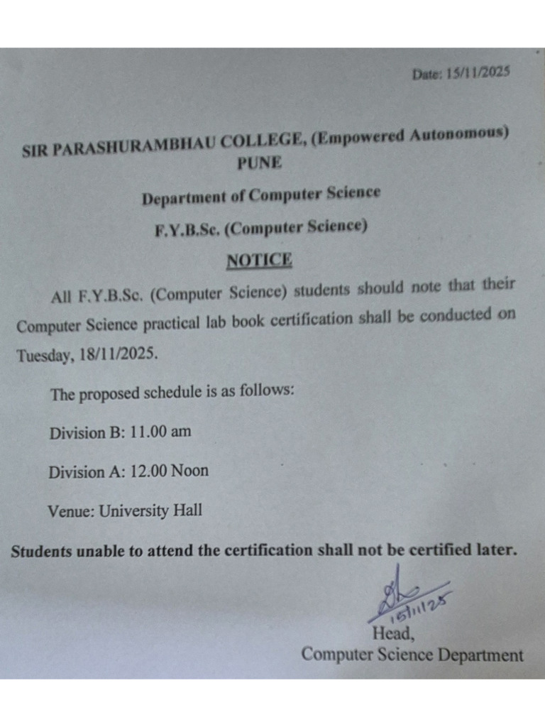 FY CS Lab Book Certification Notice - 251115 - 150222 | PDF