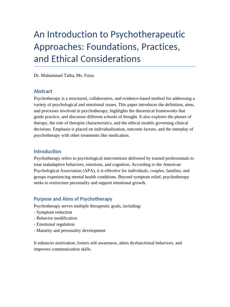 Overview of Psychotherapy Approaches | PDF | Psychotherapy | Medical ...