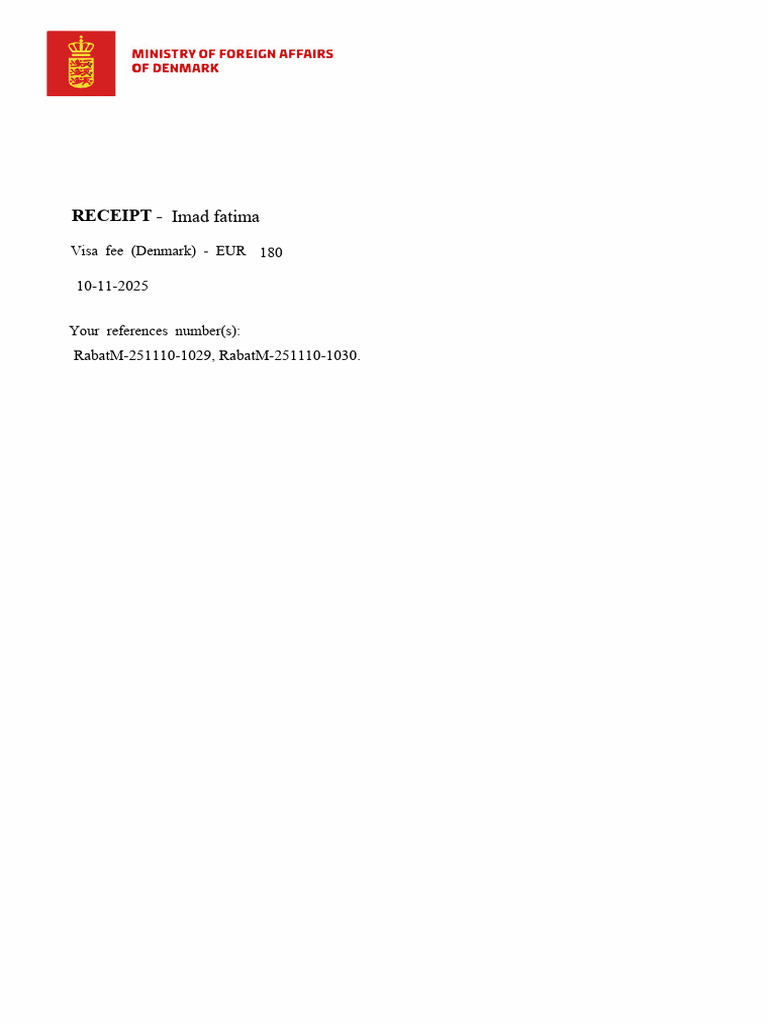 Denmark Visa Fee Receipt for Imad Fatima | PDF