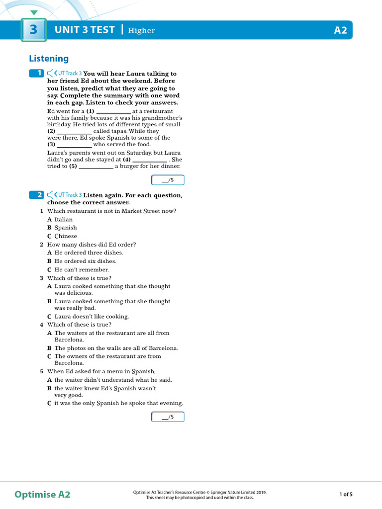 A2 Unit 3 Test: Listening & Grammar | PDF | School Meal | Meal